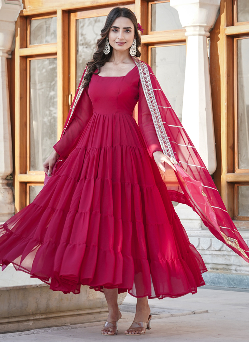 Faux Georgette Rani Festival Wear Embroidery Work Gown With Dupatta